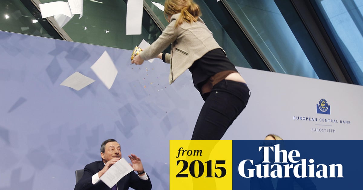 ‘end Ecb Dick Tatorship Woman Disrupts Draghi Speech Throws Paper At